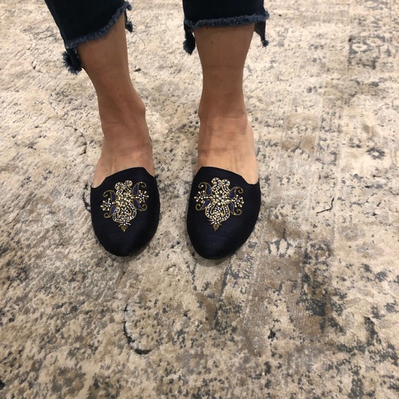 SAACHI | Shoes | Saachi Silk Flat Slides Navy Nwt | Poshmark